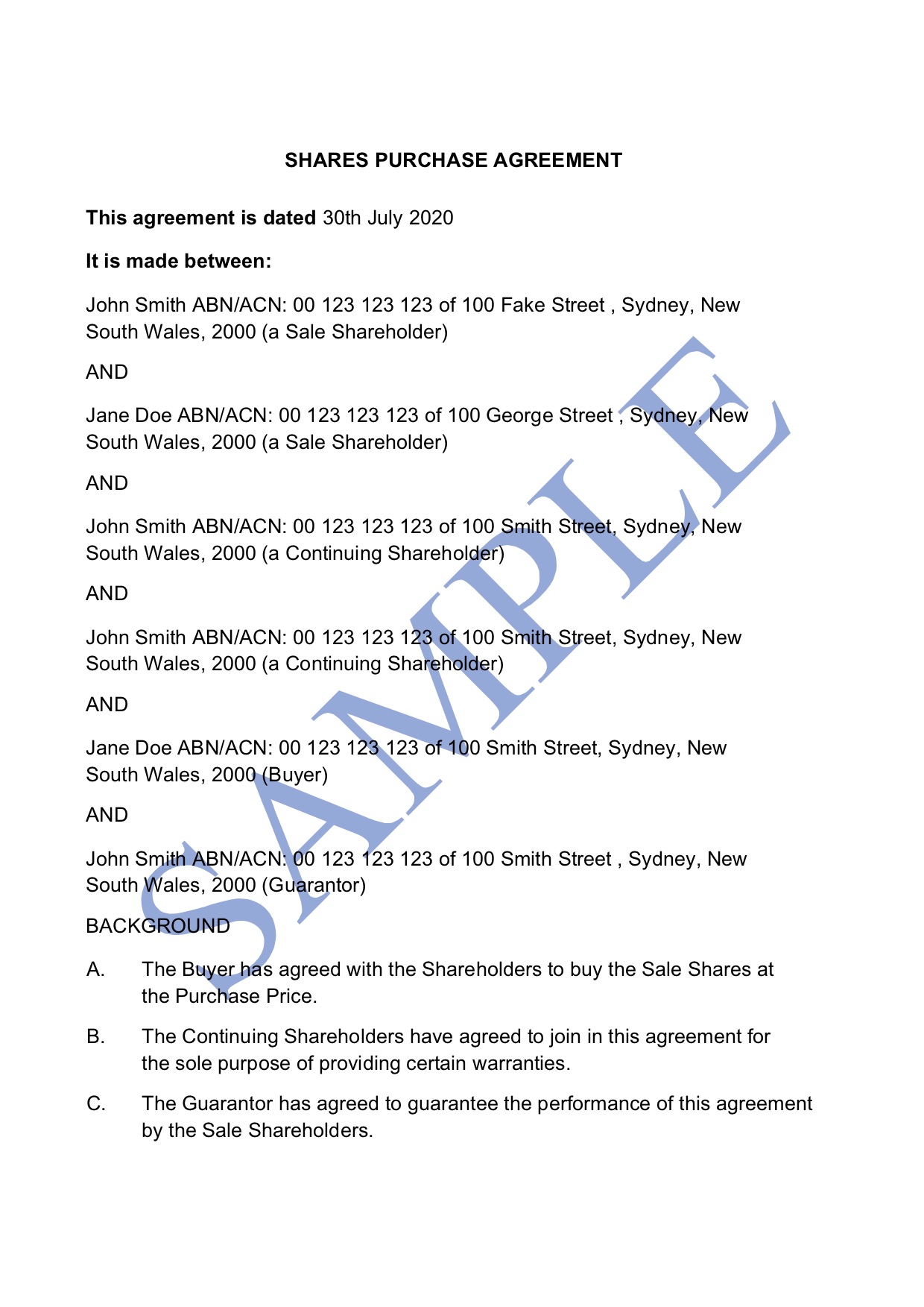 Share Purchase Agreement Free Template Sample Lawpath